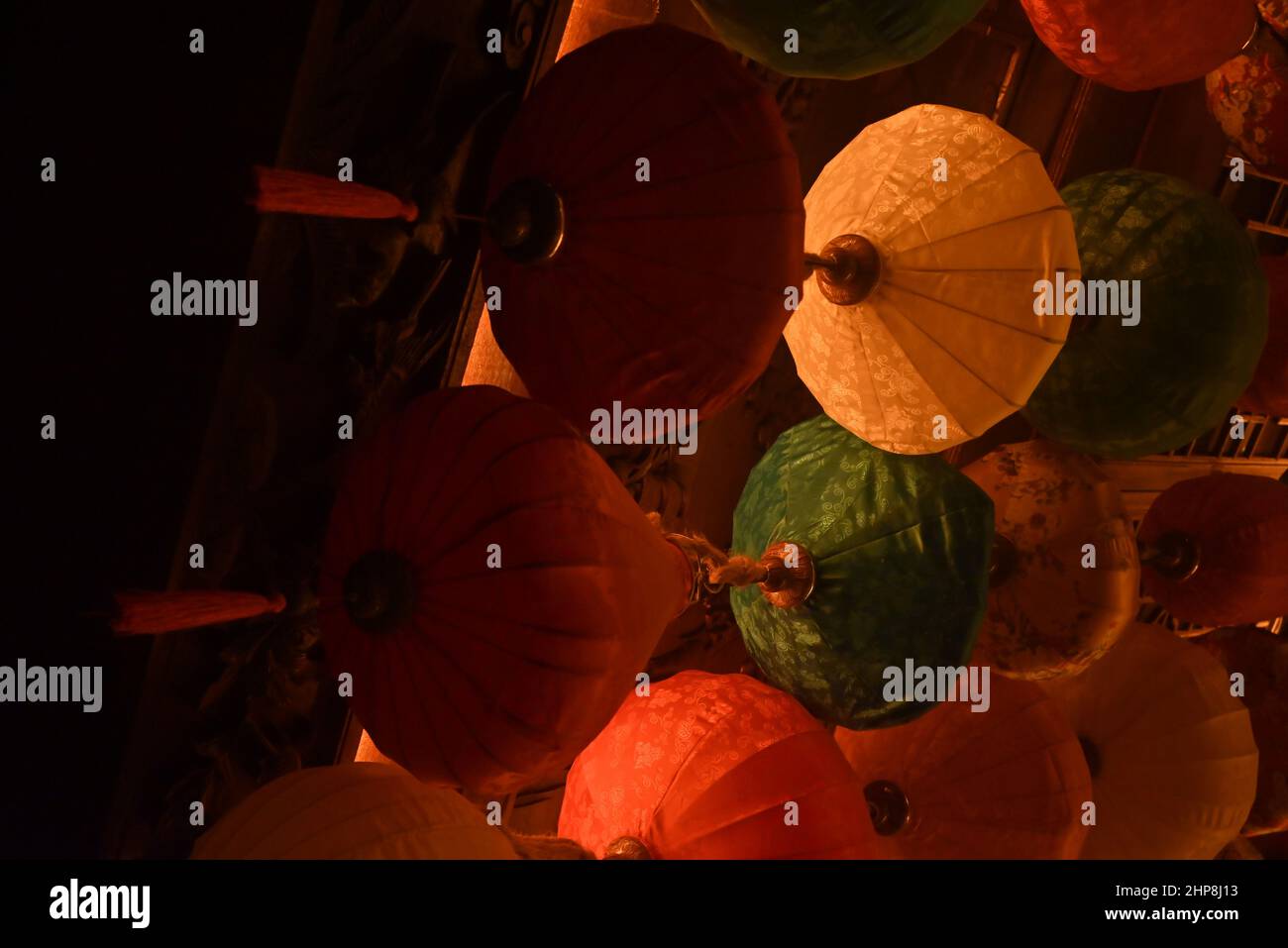 View of traditional Chinese lanterns hanging in the darkness Stock ...