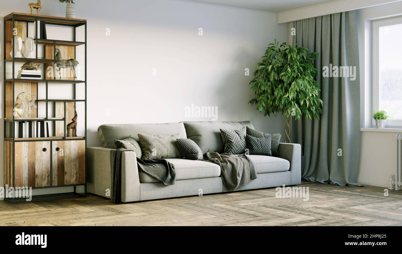 Beautiful interior of a modern room. Bright and clean design. A sofa standing by a large window ...