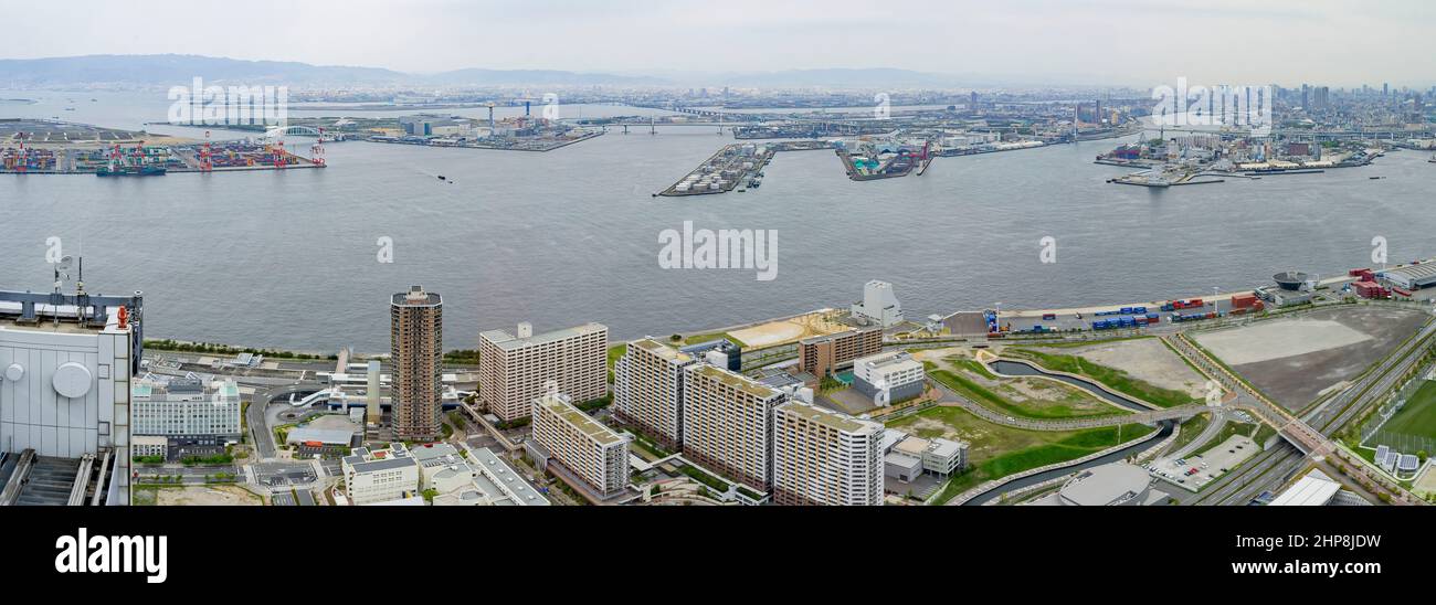 Overcast aerial view of Osaka port cityscape from Cosmo Tower ...