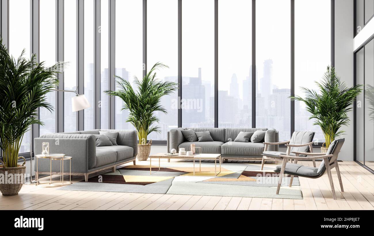 Beautiful interior of a modern room. Bright and clean design. A sofa standing by a large window ...