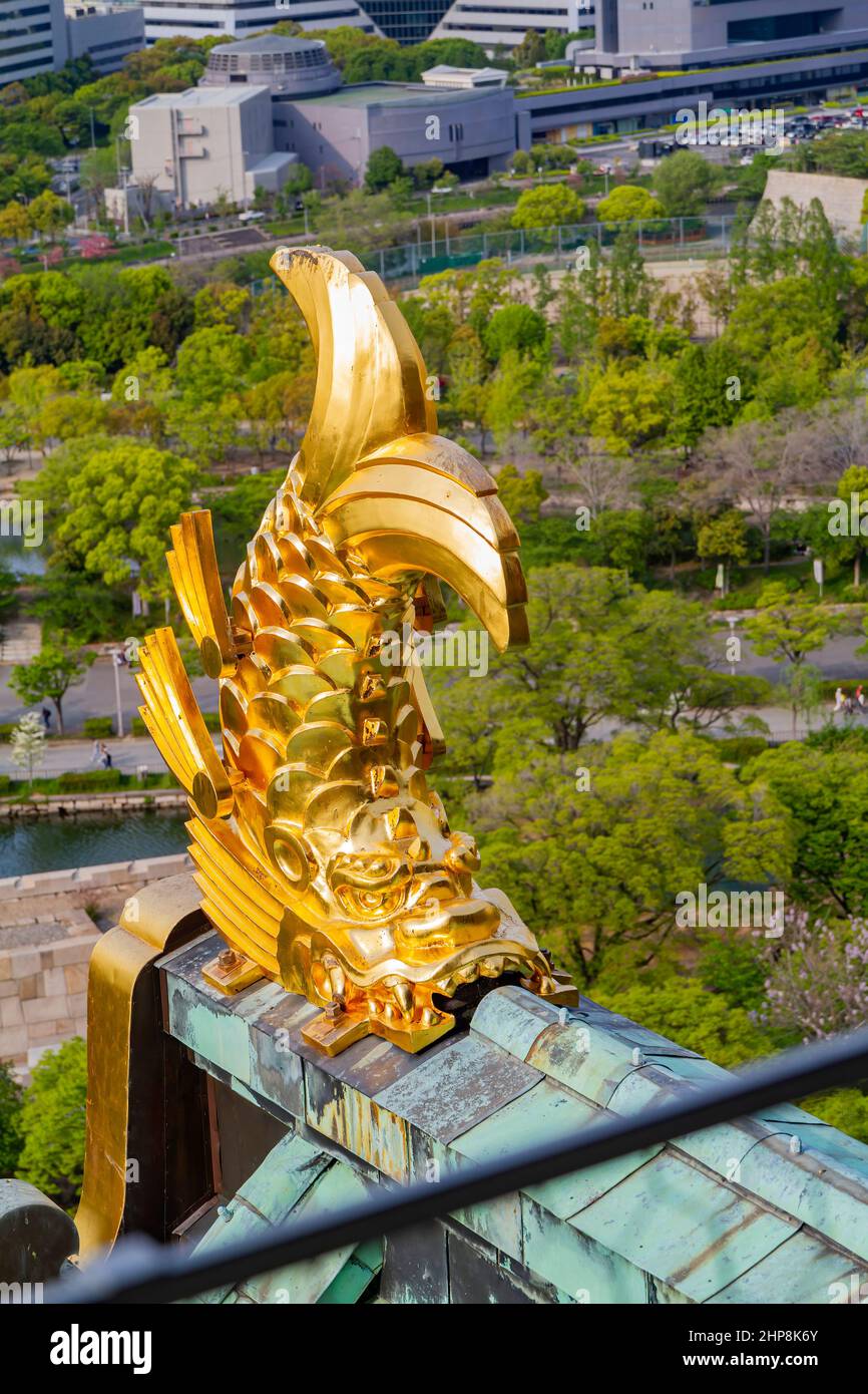 Close up shot of the gold fish status of the famous Osaka castle at ...