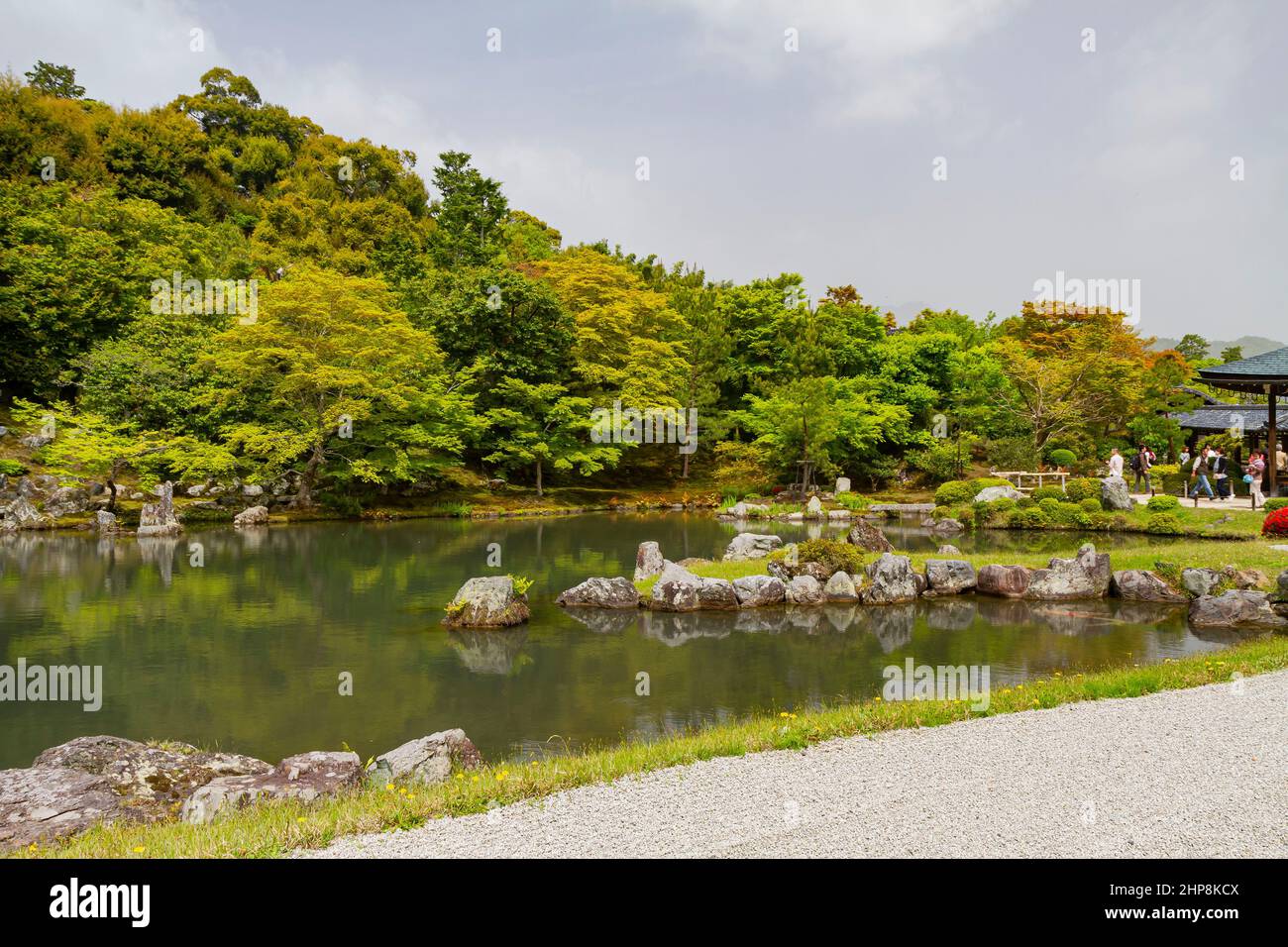 Garden with pond in front of Tenryu-ji Temple at Arashiyama, Kyoto ...