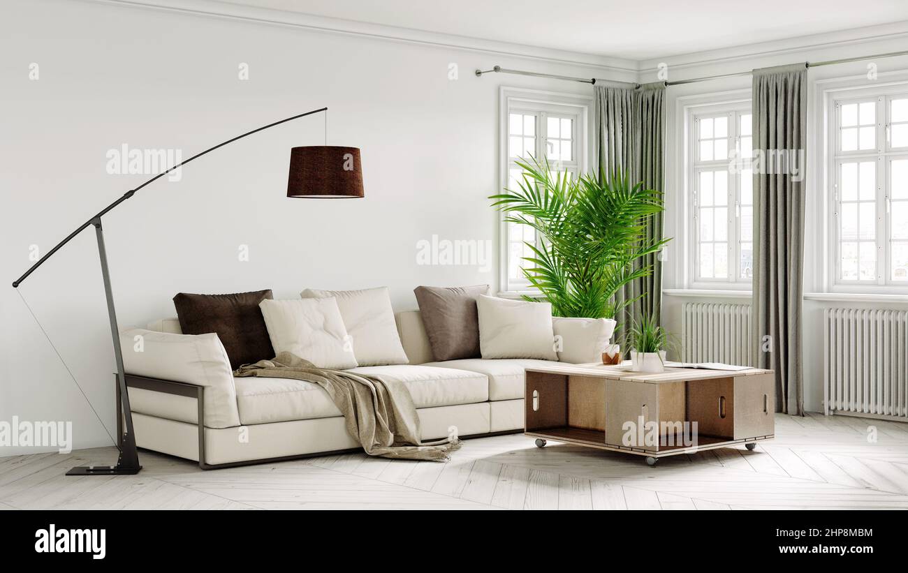 Beautiful interior of a modern room. Bright and clean design. A sofa ...