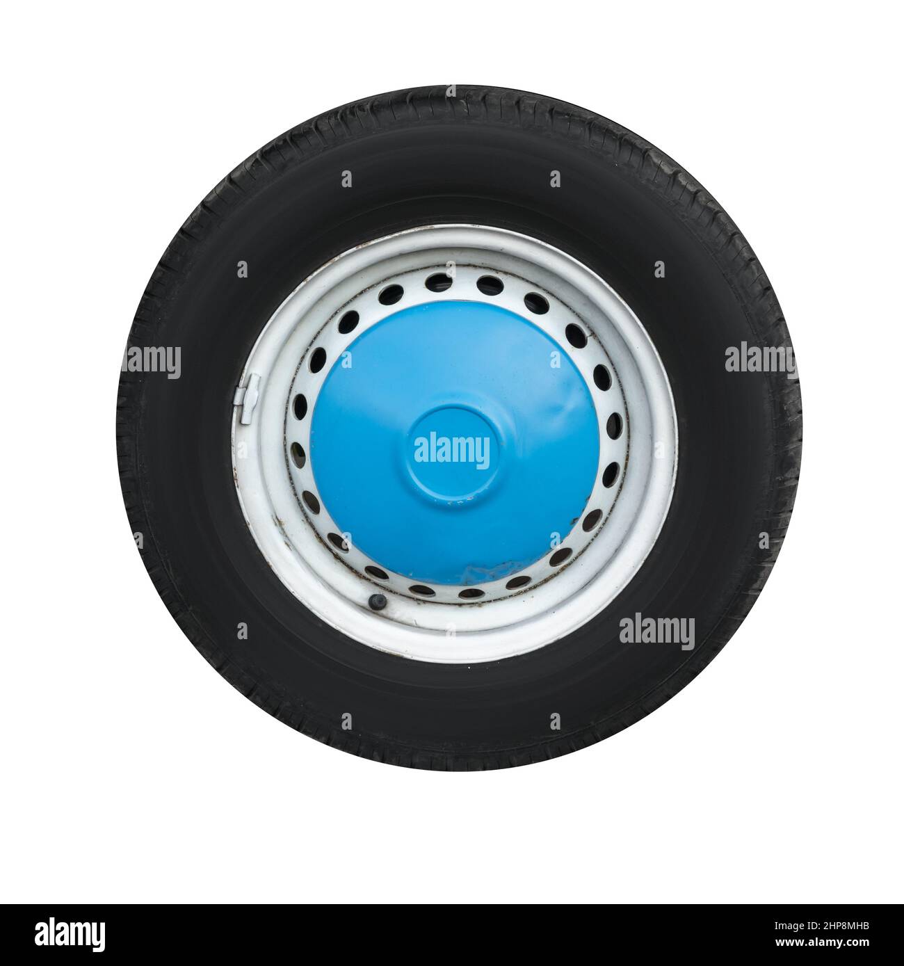 Closeup photo of blue white car wheel isolated on white background ...