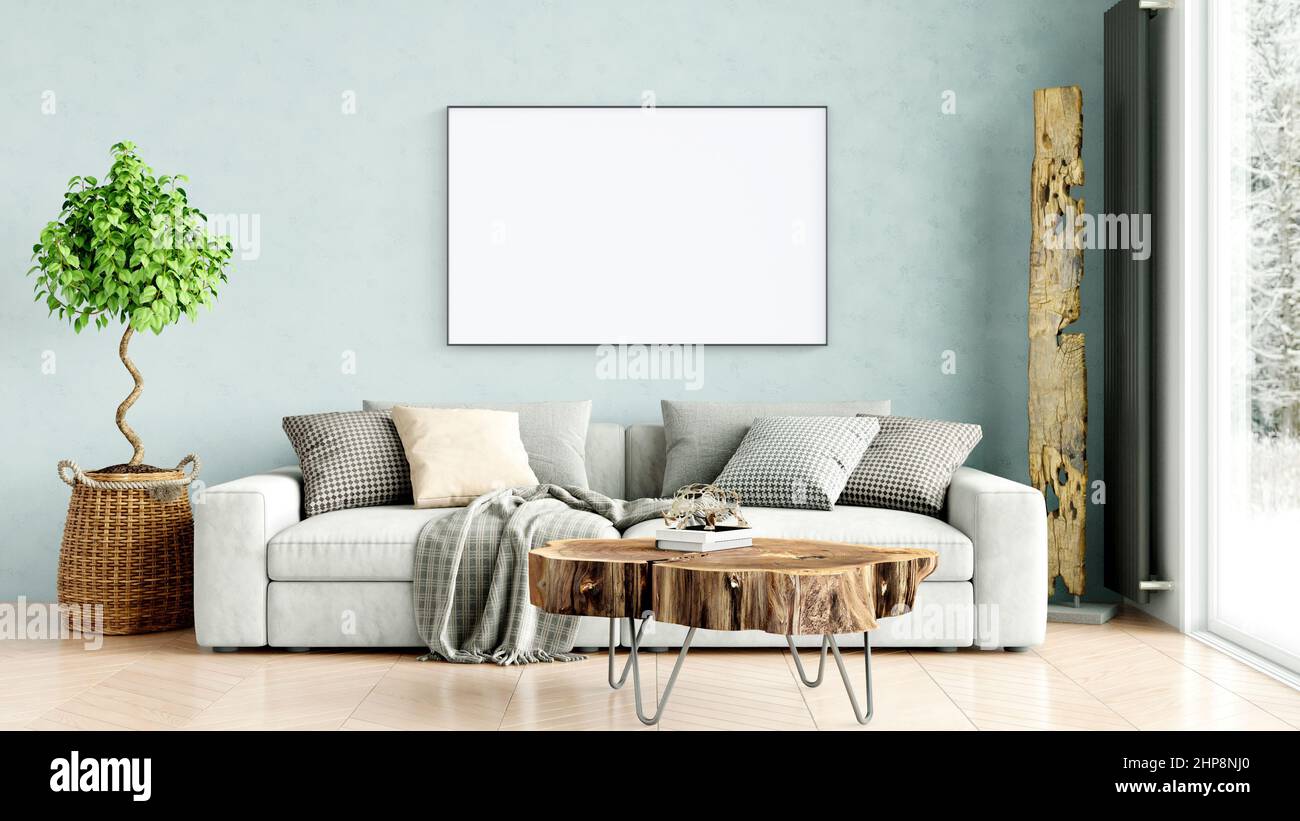 Modern interior of a room with an empty painting. Sofa and large window ...