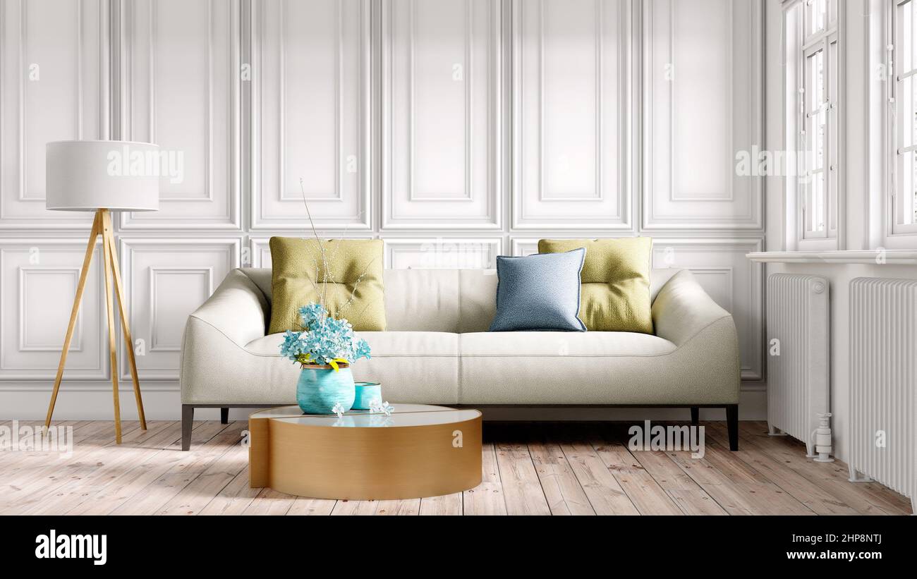 Beautiful interior of a modern room. Bright and clean design. A sofa ...