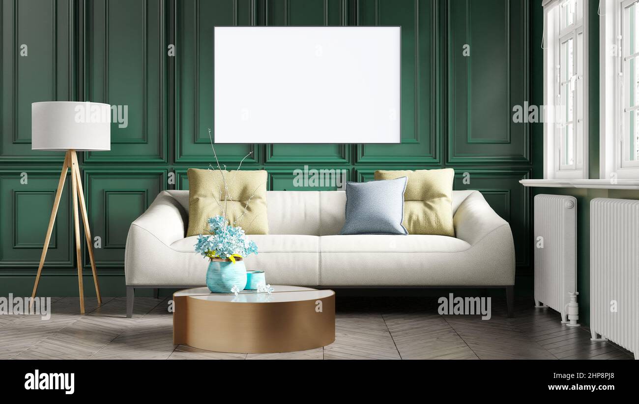 Modern interior of a room with an empty painting. Sofa and large window ...