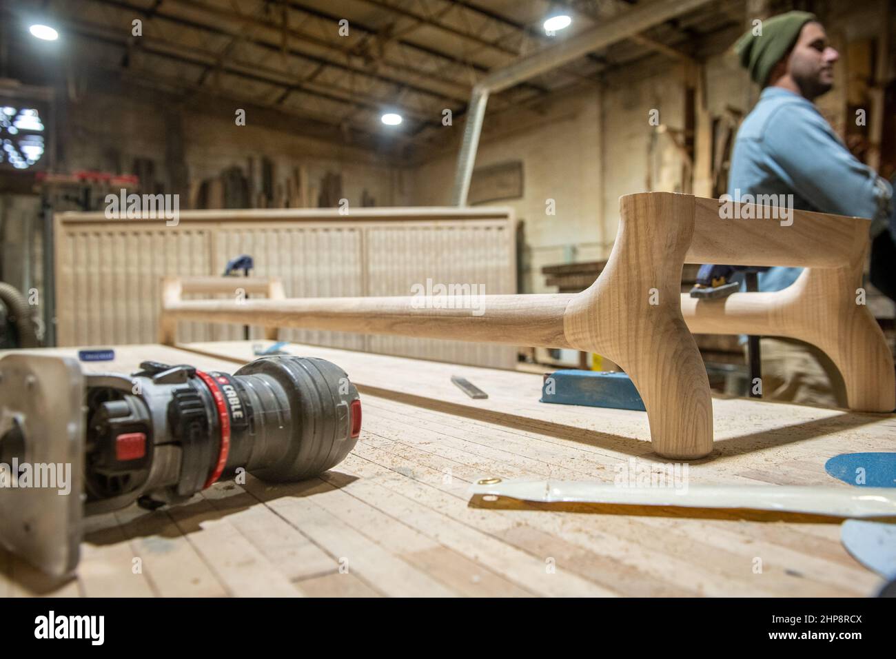 Wood working table with tools and project in process Stock Photo - Alamy