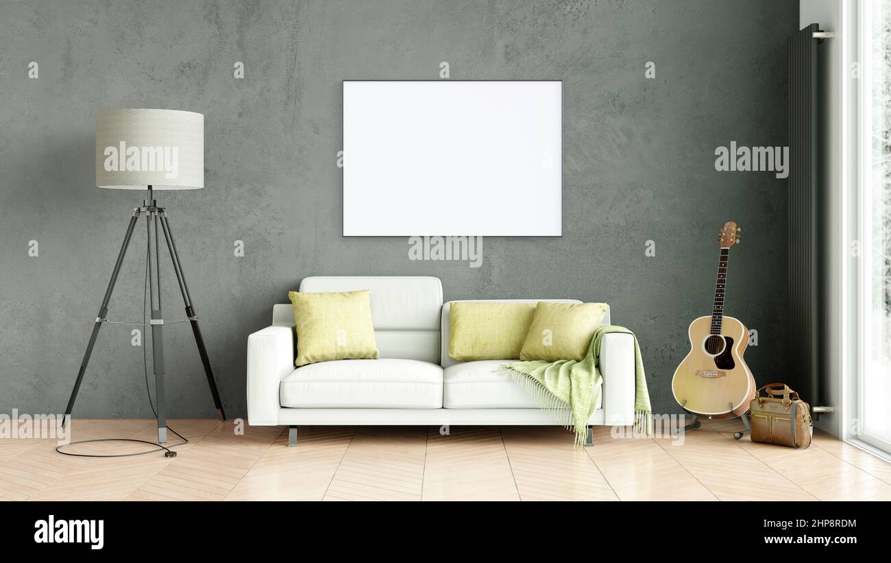 Modern interior of a room with an empty painting. Sofa and large window ...