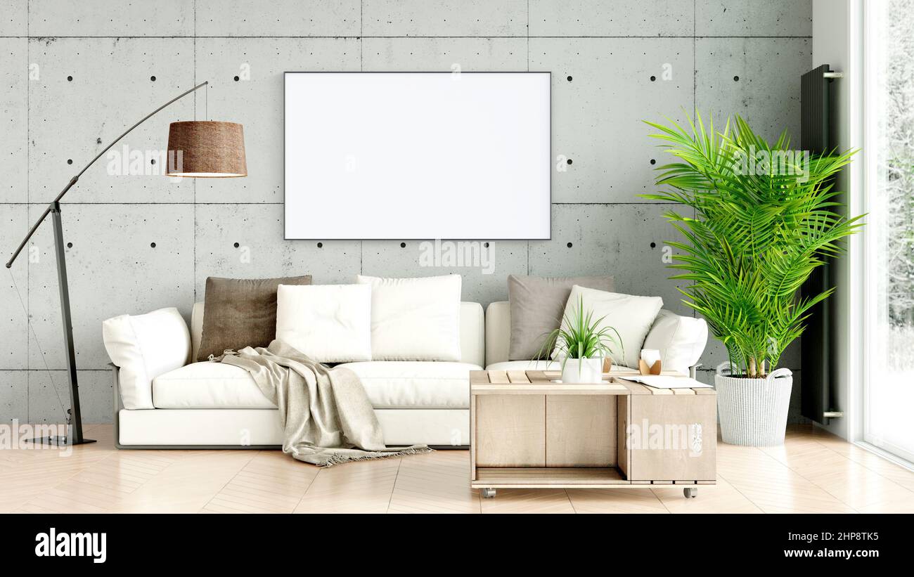 Modern interior of a room with an empty painting. Sofa and large window ...