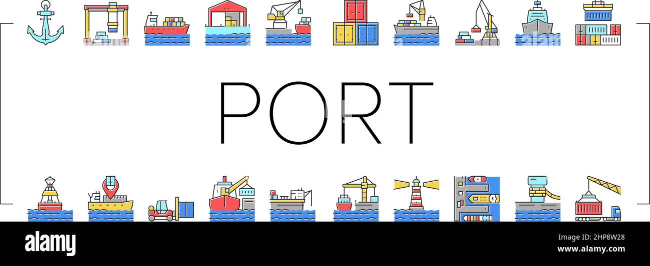 Container Port Tool Collection Icons Set Vector Stock Vector Image ...
