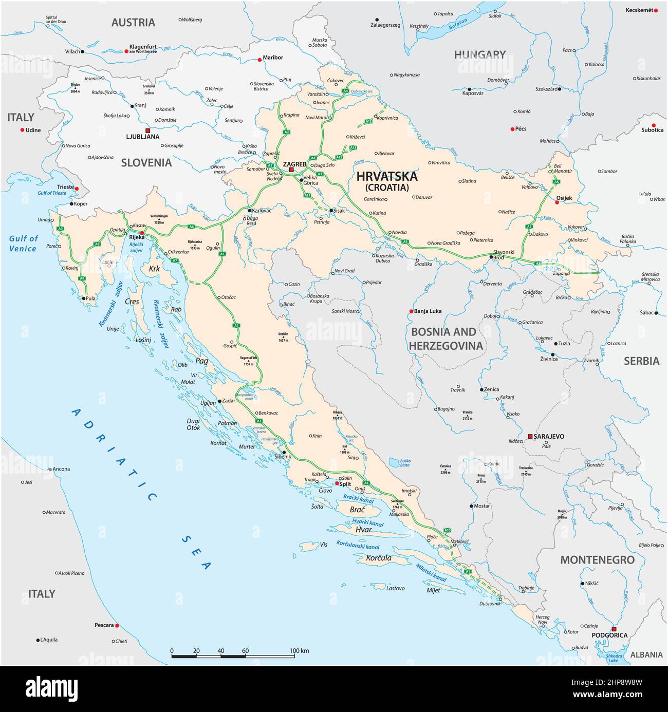 vector map of highways and main cities of Croatia Stock Vector Image ...
