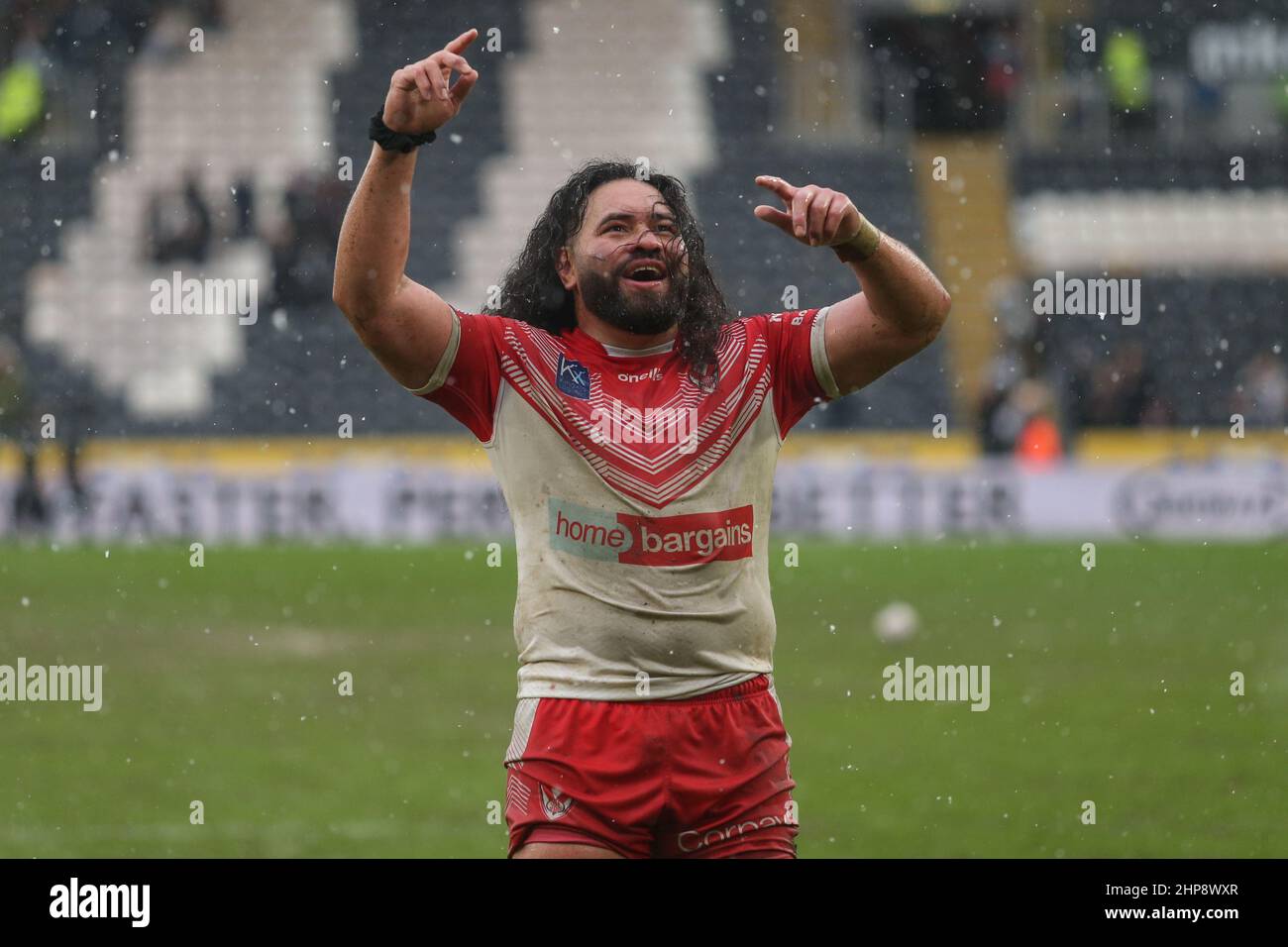Konrad Hurrell (23) of St Helens interacts with the travelling fans ...