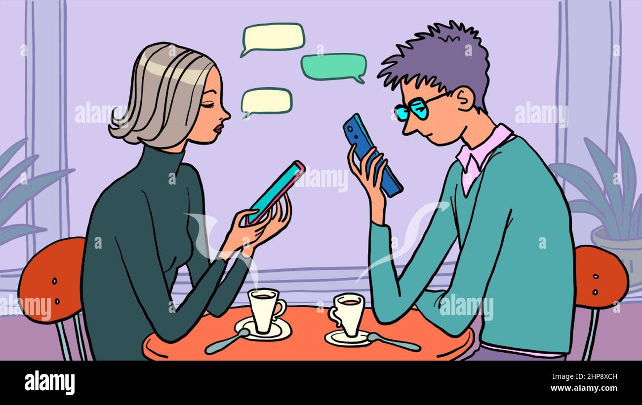 online addiction a man and a woman ignore each other and look into a ...