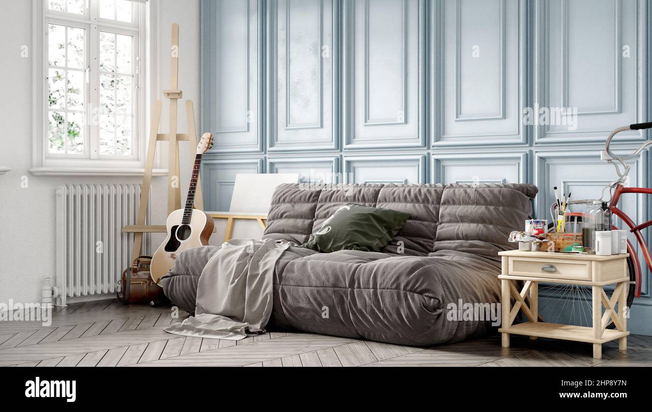 Beautiful interior of a modern room. Bright and clean design. A sofa ...