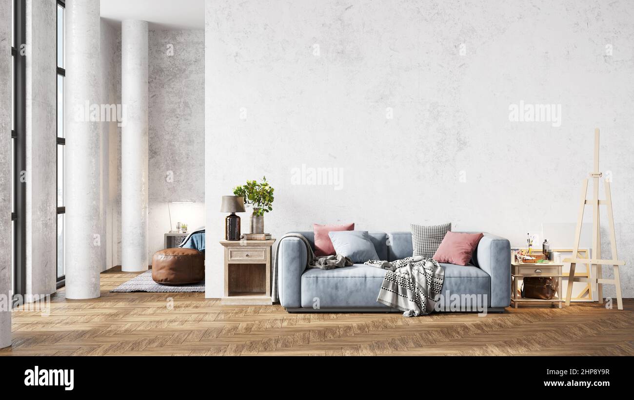 Modern beautiful interior with columns, white wall, large windows, high ceiling and stylish ...