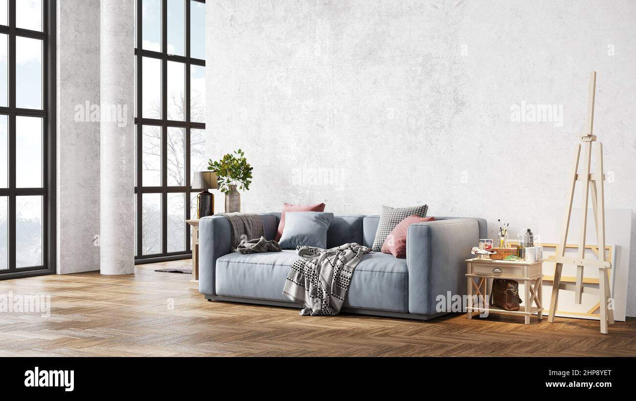 Modern beautiful interior with columns, white wall, large windows, high ...