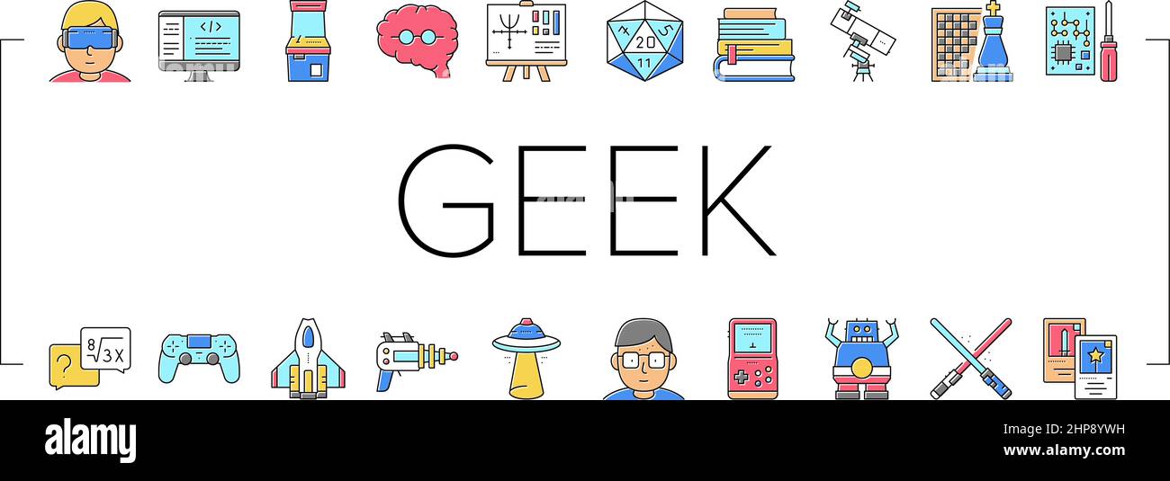 Geek, Nerd And Gamer Collection Icons Set Vector Stock Vector Image ...