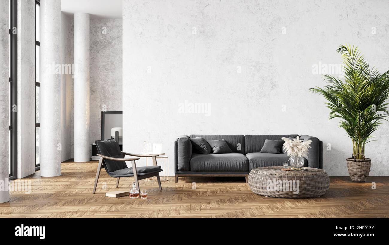 Modern beautiful interior with columns, white wall, large windows, high ceiling and stylish ...