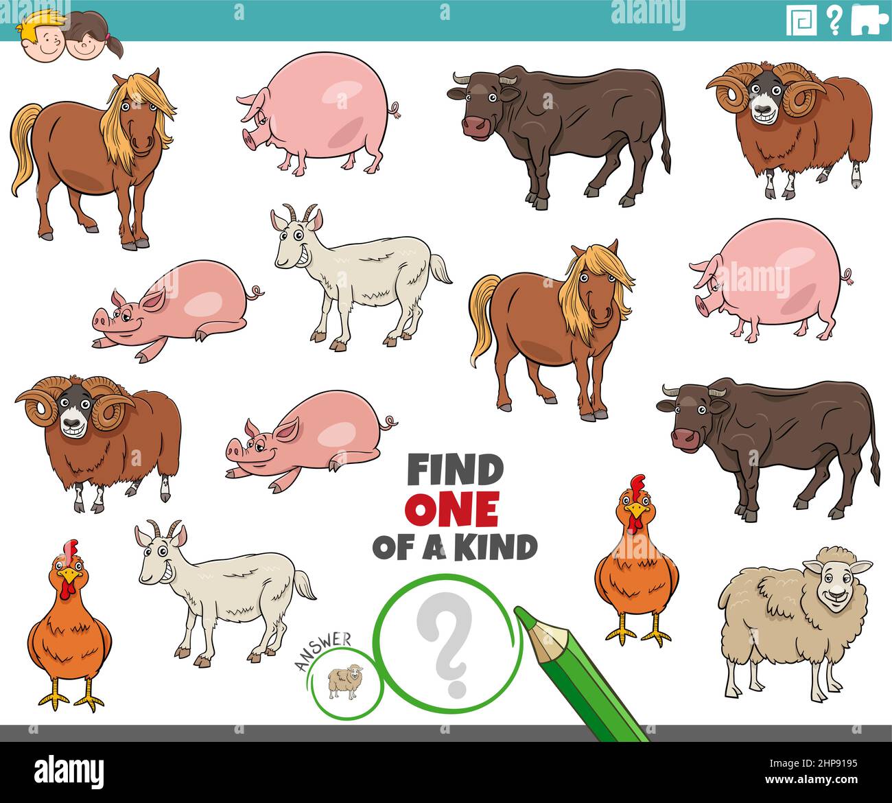 one of a kind task for children with cartoon farm animals Stock Vector ...