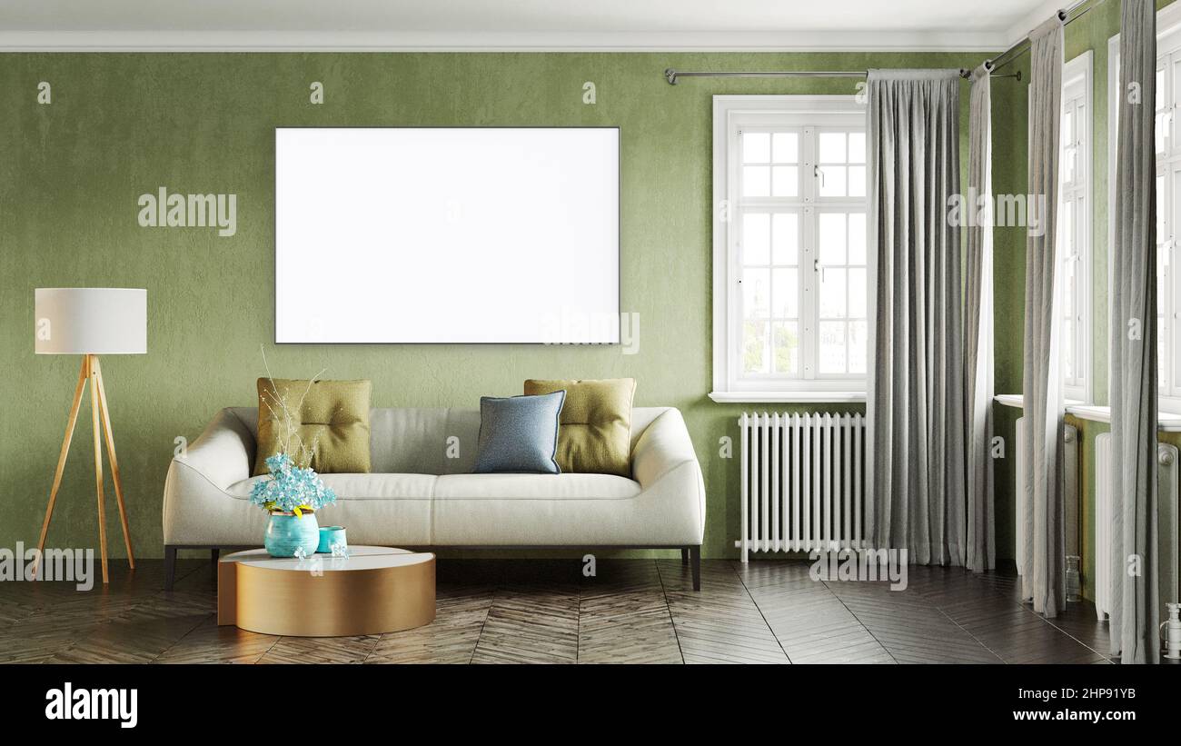 Modern interior of a room with an empty painting. Sofa and large window ...