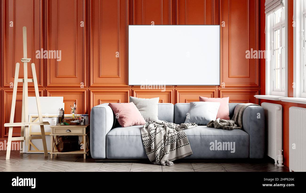 Modern interior of a room with an empty painting. Sofa and large window ...