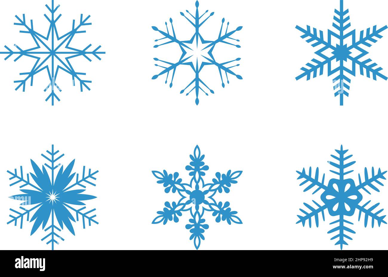 Ice blue frosty abstract snowflake symbols set on white background ...