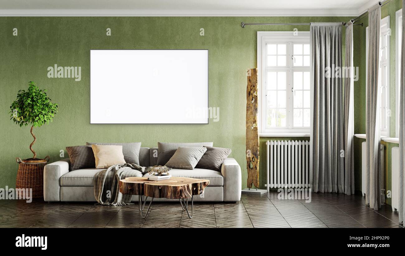 Modern interior of a room with an empty painting. Sofa and large window ...