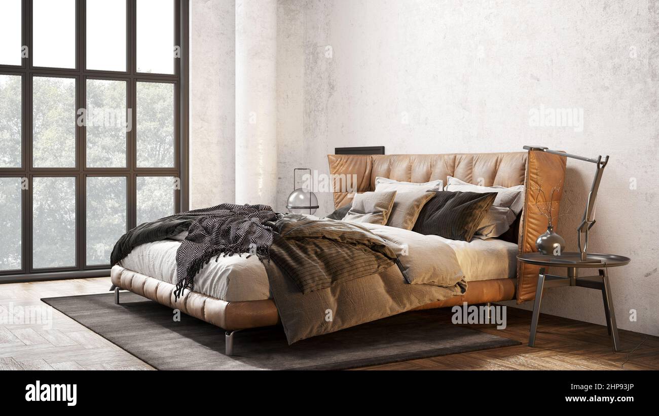 Modern beautiful interior with columns, white wall, large windows, high ceiling and stylish ...