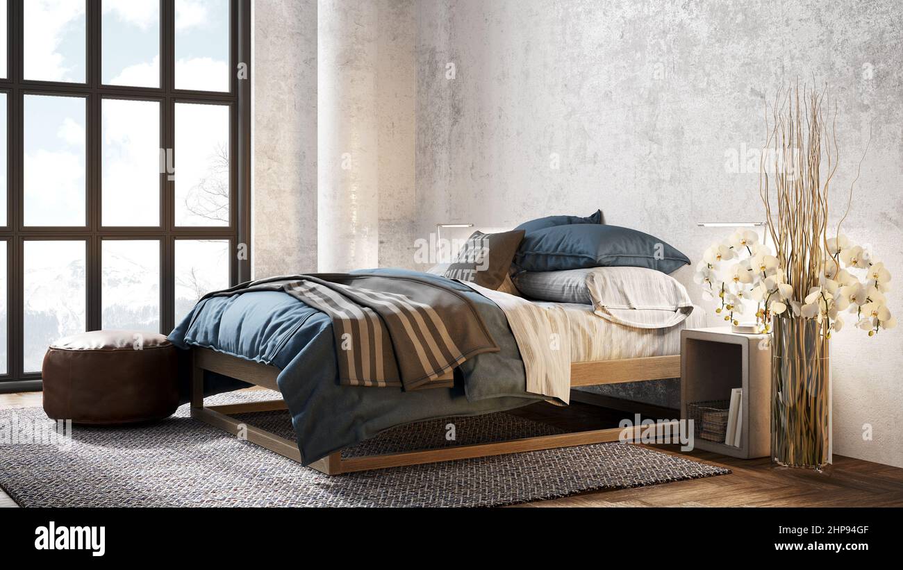 Modern beautiful interior with columns, white wall, large windows, high ceiling and stylish ...