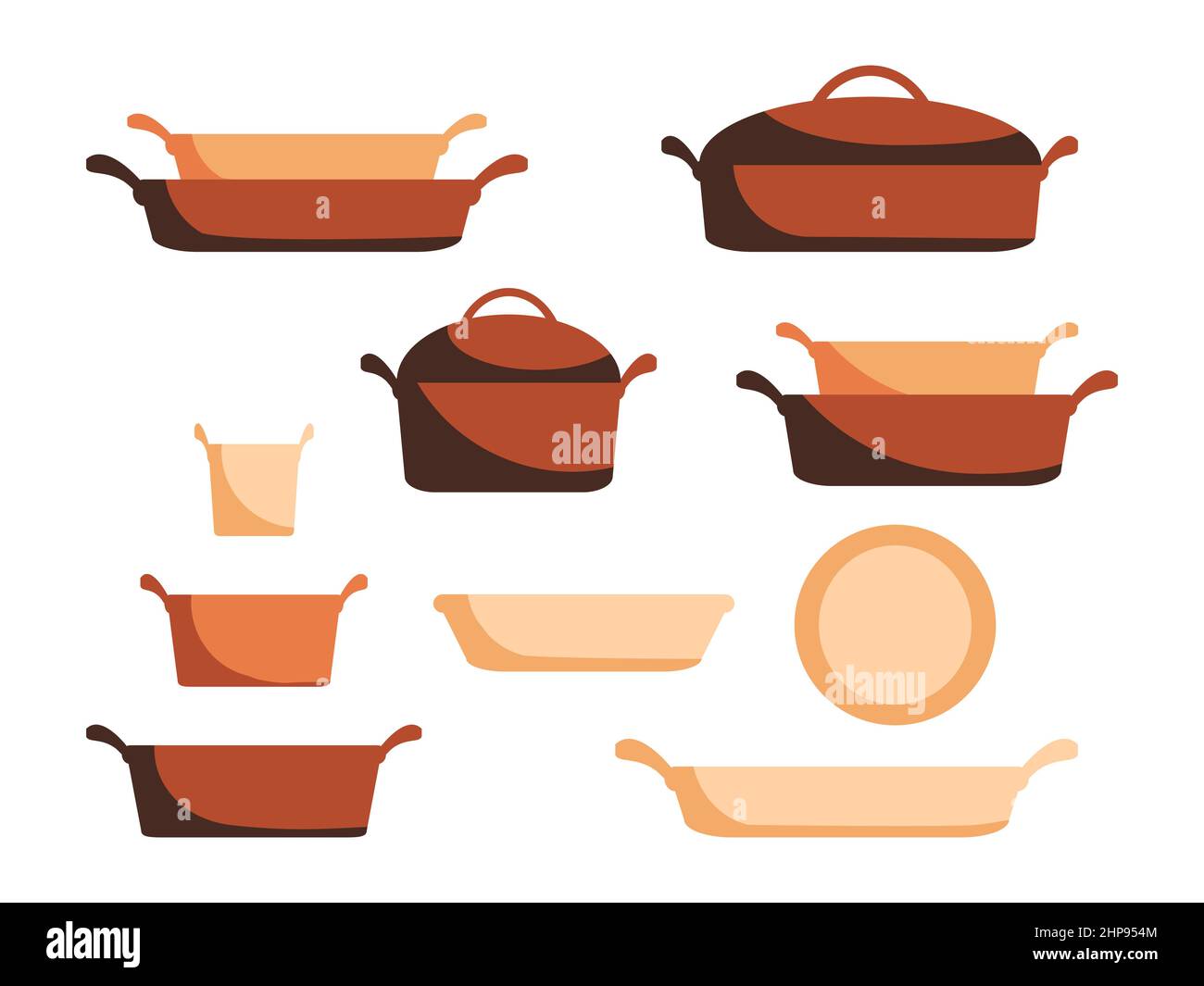 Cartoon ceramic cookware set, pots, pans, saucepans and utensils tools ...