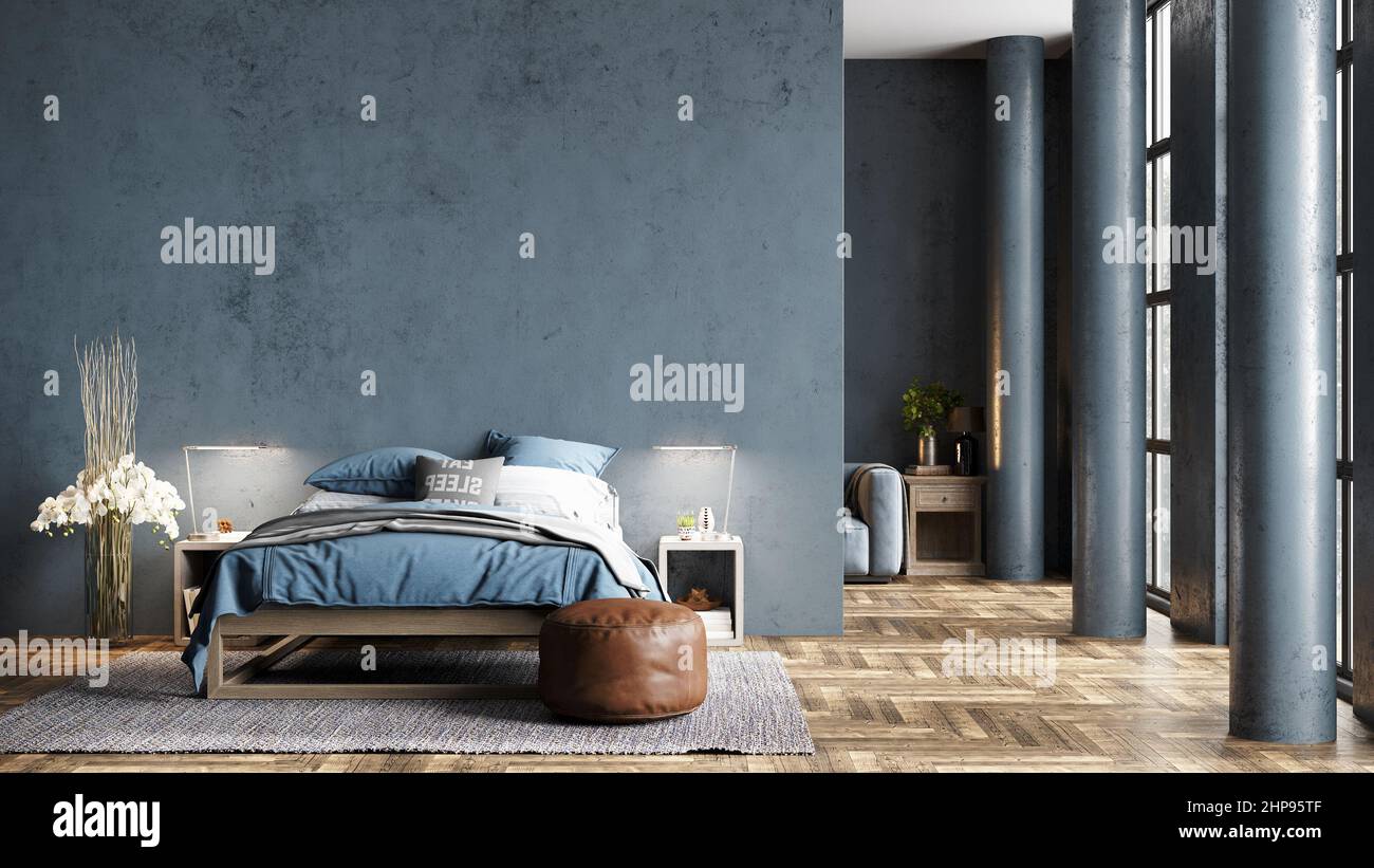 Modern beautiful interior with columns, colored wall and stylish furniture. Bright loft design ...