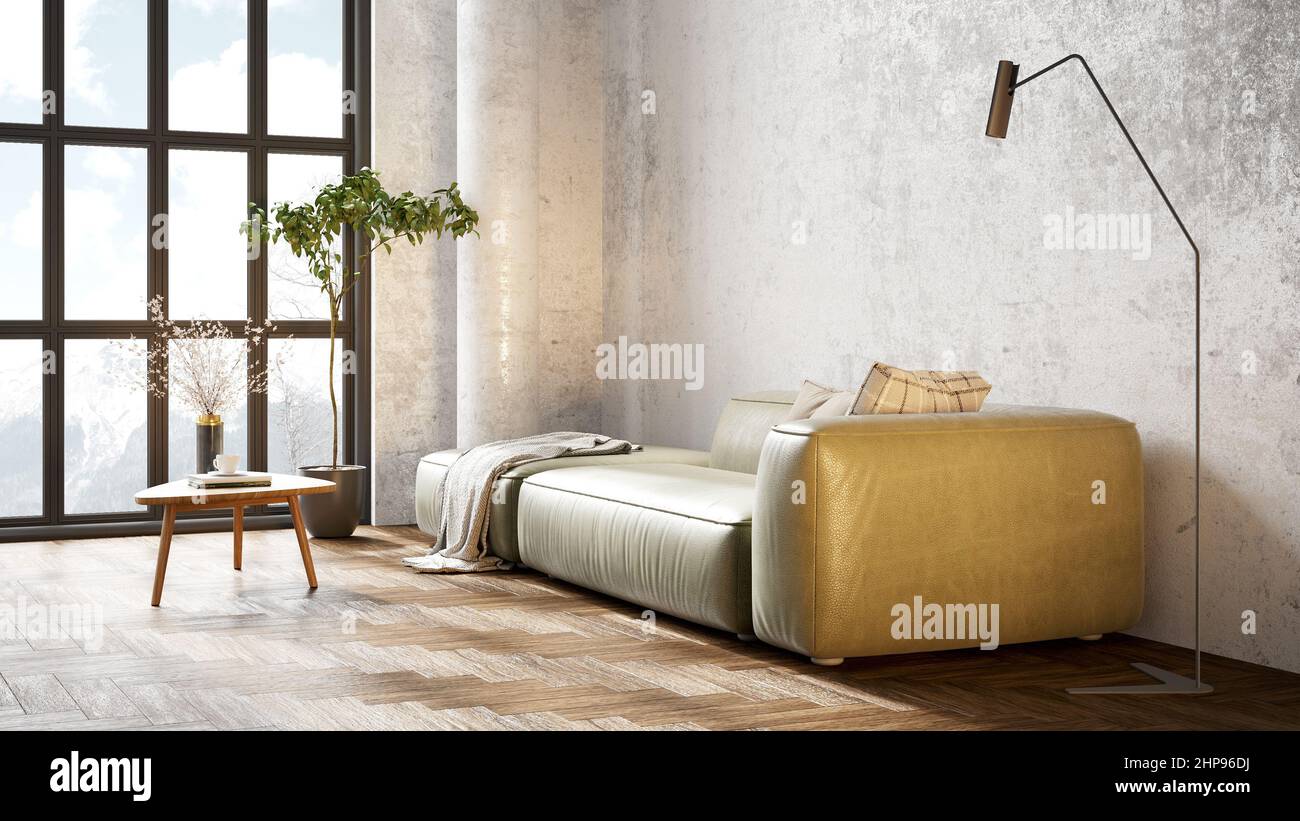 Modern beautiful interior with columns, white wall, large windows, high ...