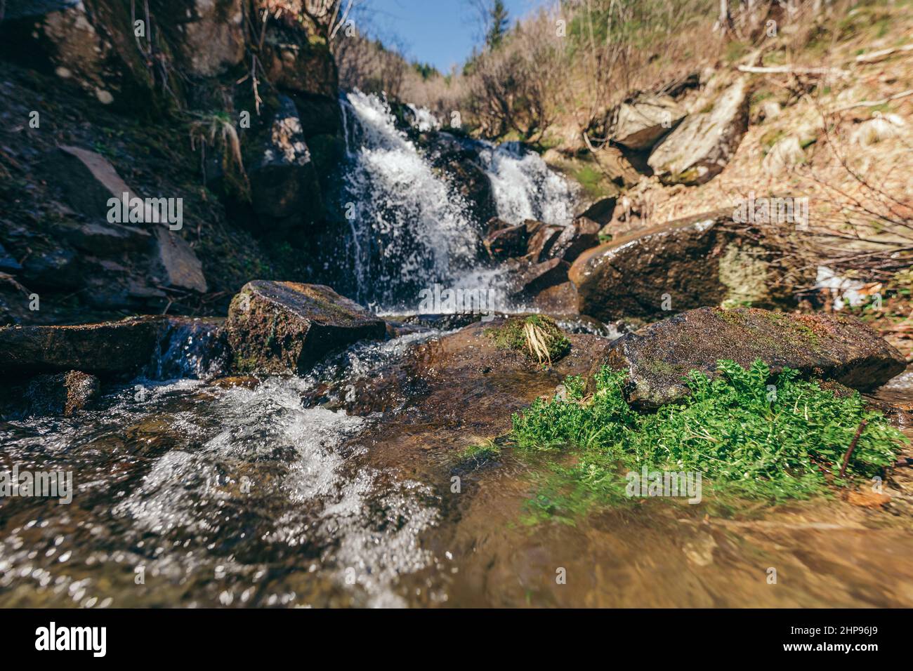 A waterfall with trees on the side of a mountain Stock Photo - Alamy