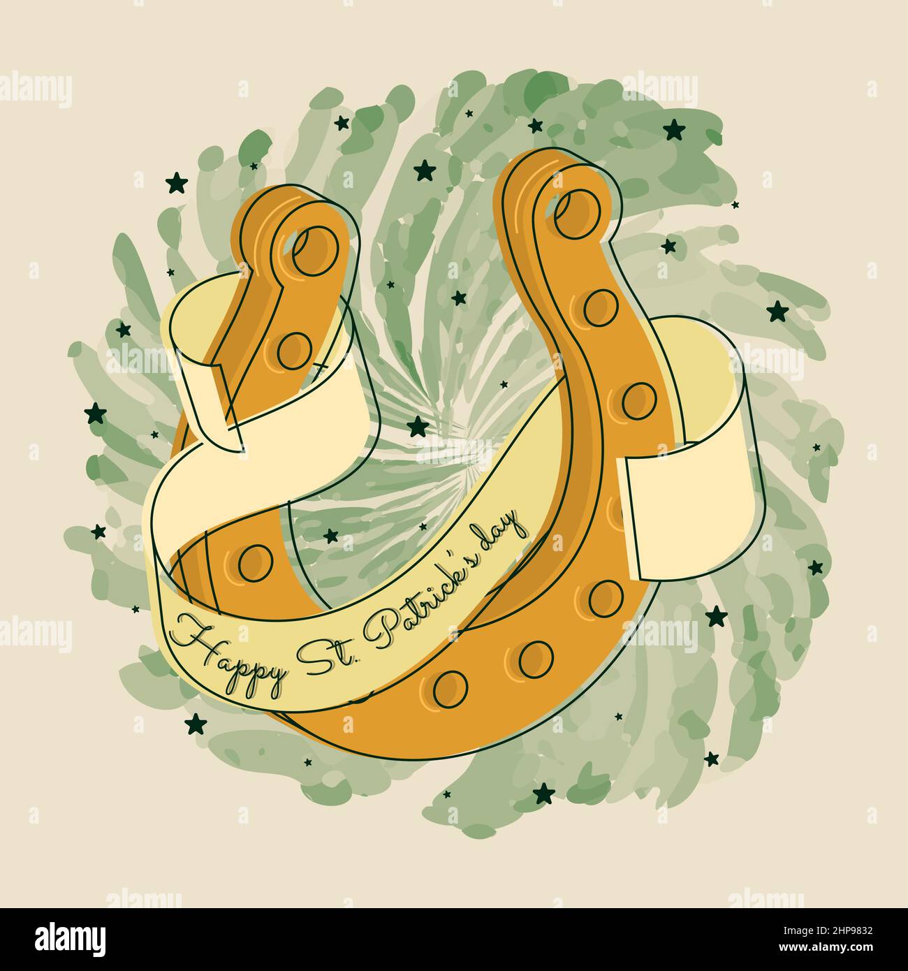 Happy St Patricks day card Lucky horseshoe and ribbon with text Vector ...