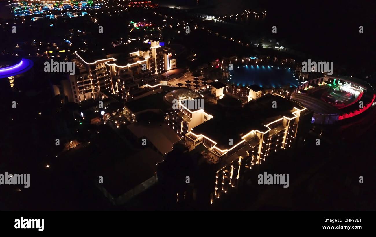 Aerial view on luxury resort hotel territory at night. Video. Night ...