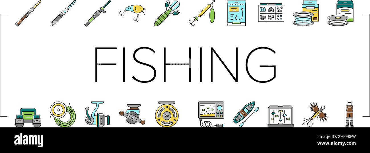 Fishing Shop Products Collection Icons Set Vector Stock Vector Image ...