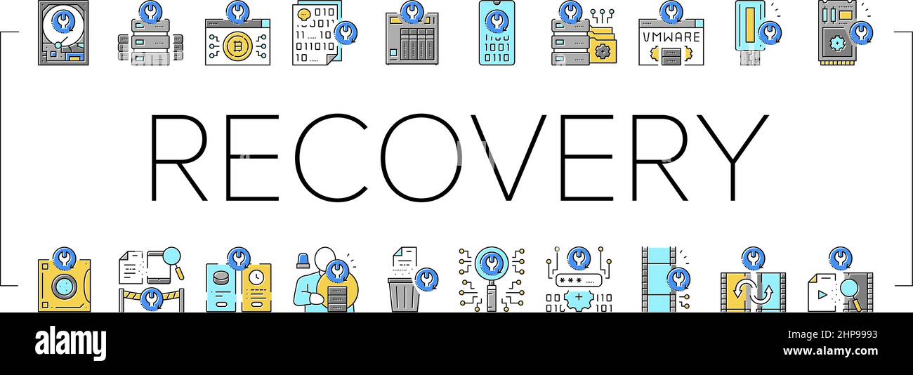 Data Recovery Computer Processing Icons Set Vector Stock Vector Image ...