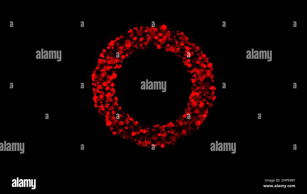 Circle of many colored red particles that flying into the sides on ...