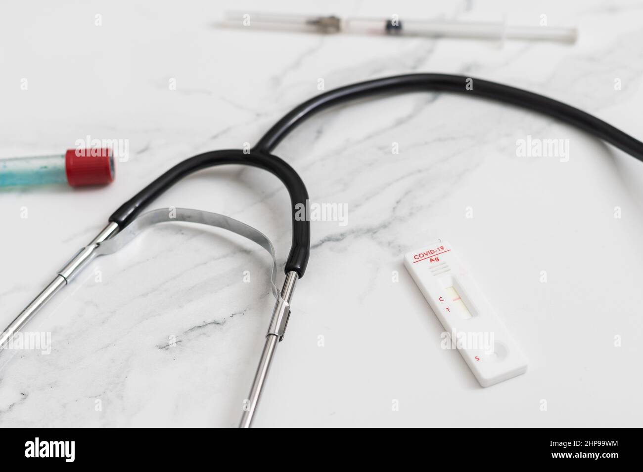 Medical layout on white background, flat lay. stethoscope or ...