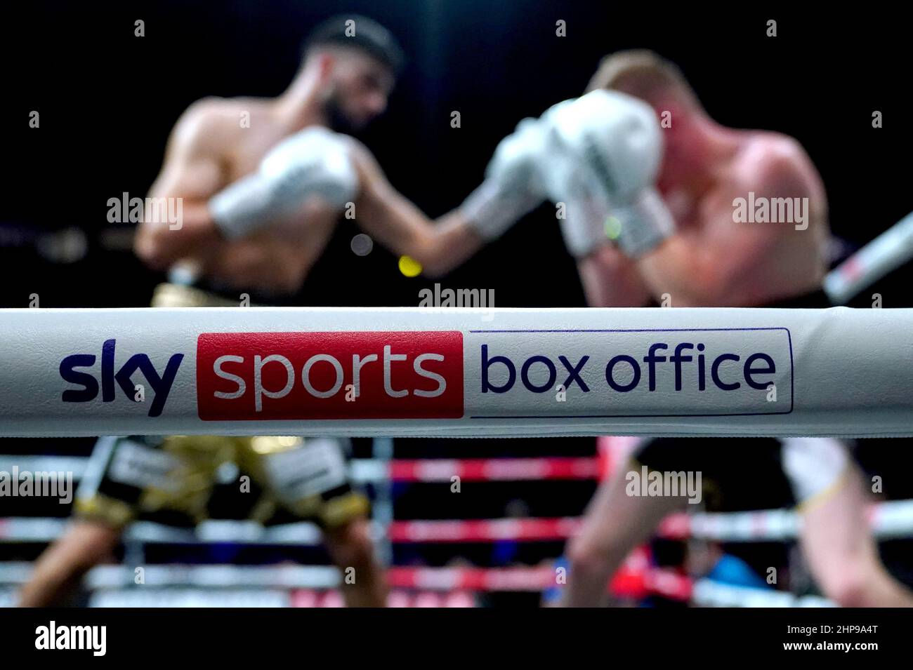 A general view of the Sky Sports Box Office logo on the ropes during ...