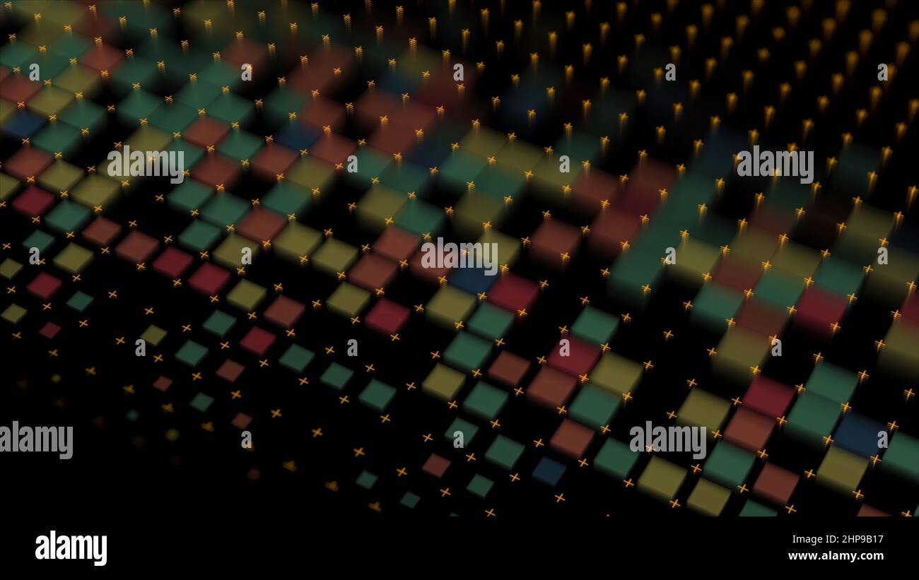 Abstract multicolored flat squares appear on black background. Many ...