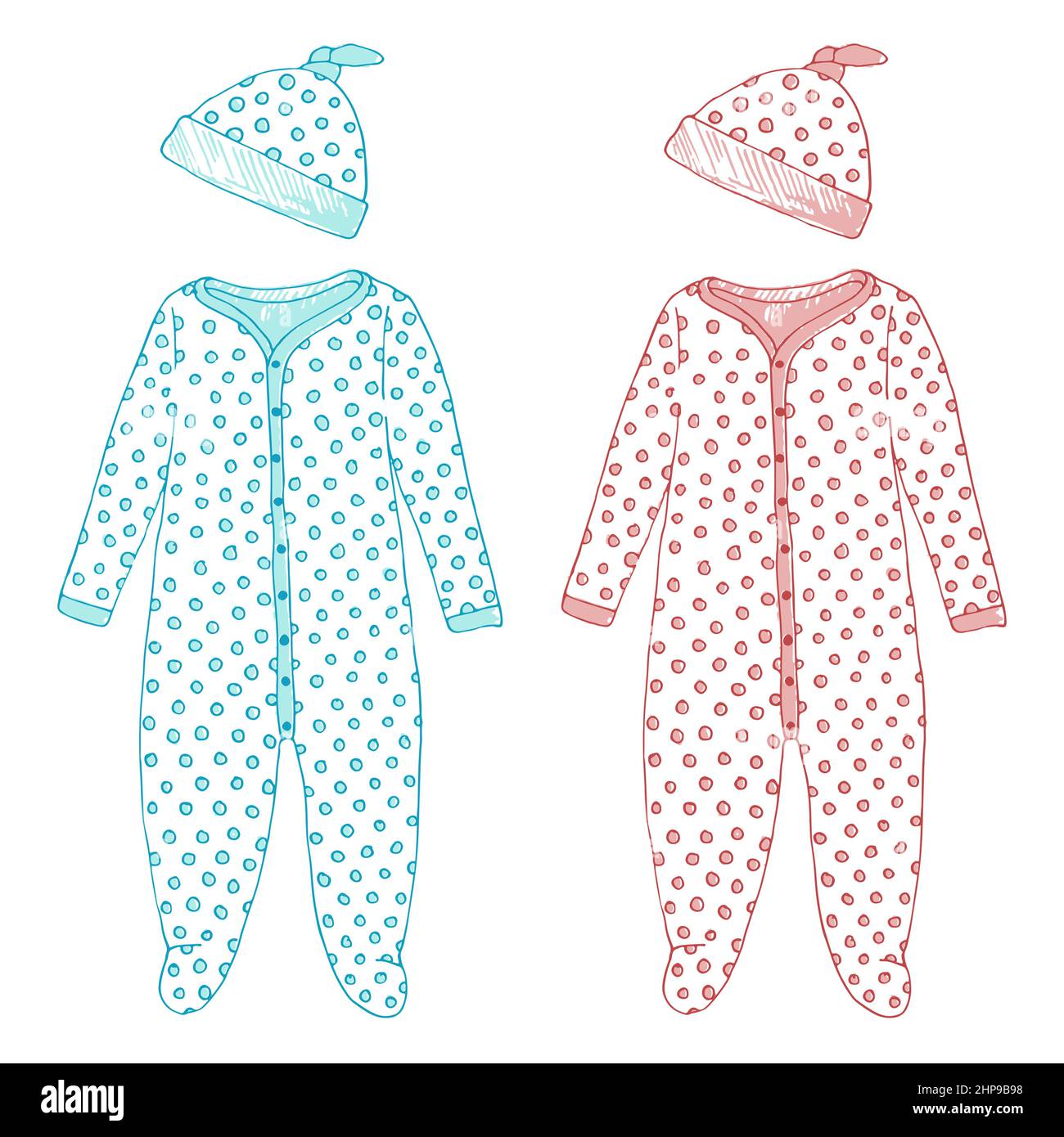 Infant bodysuit with a hat in peas. Vector illustration in sketch style ...