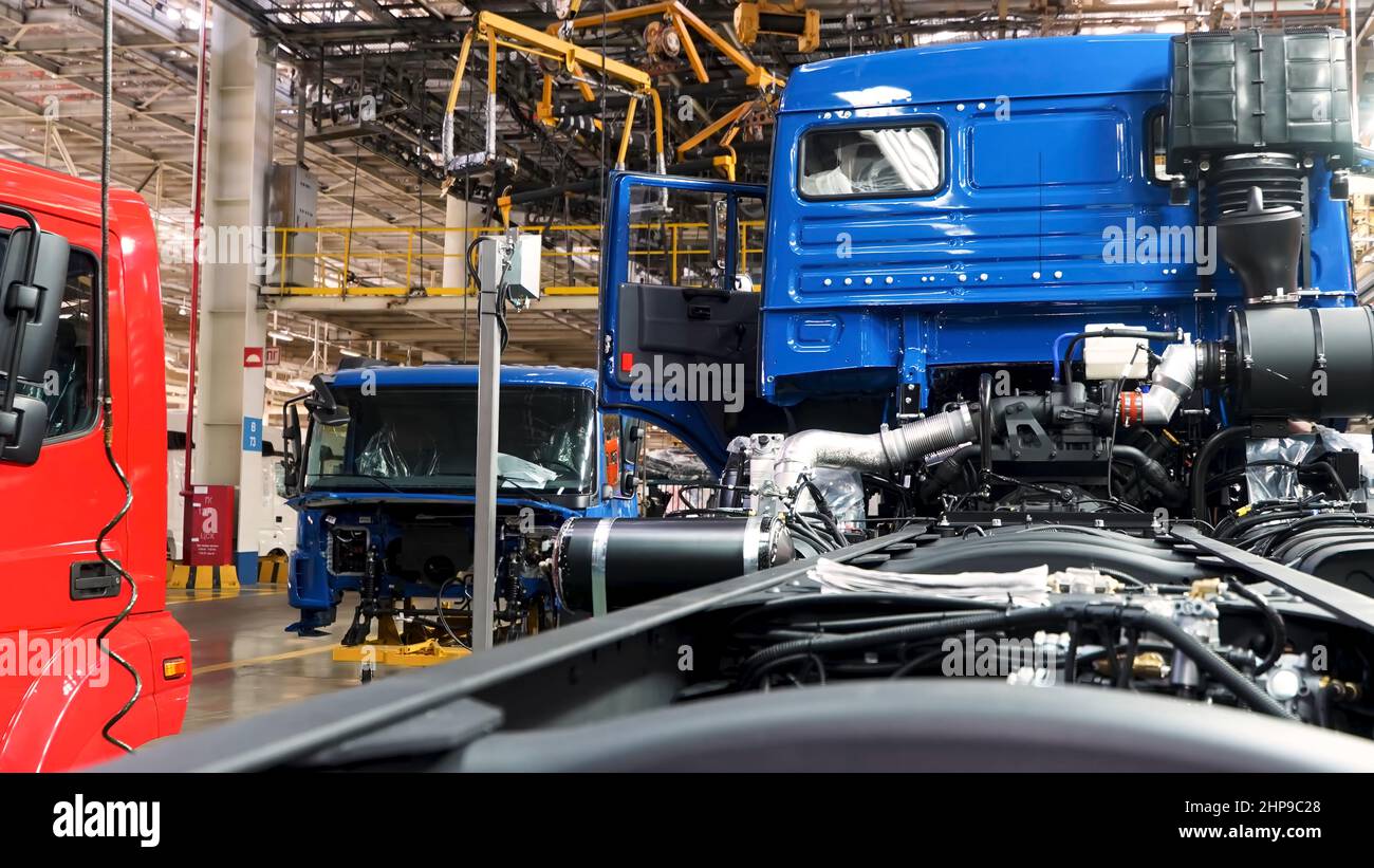 Automobile assembly line production at the Kamaz truck factory. Time ...
