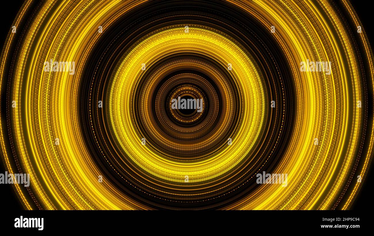 Shining golden rings in pulsating motion on black background, seamless loop. Abstract yellow ...
