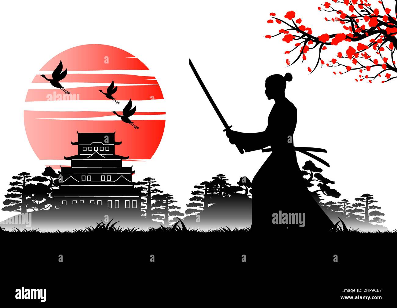 Japanese art with ancient design of samurai training sword near emperor ...