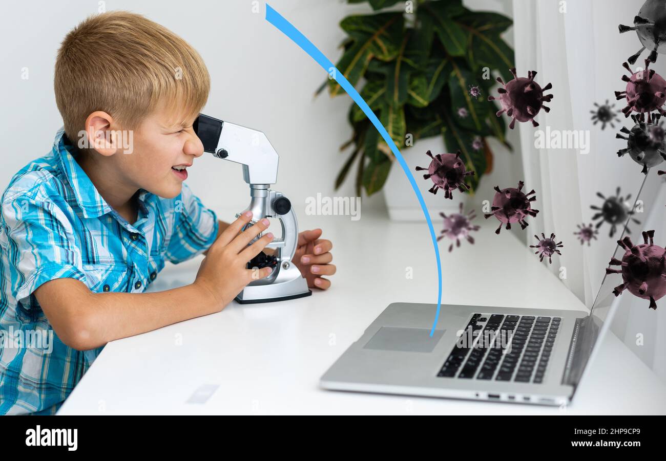 Cute little boy surrounded by viruses background. Healthcare concept ...