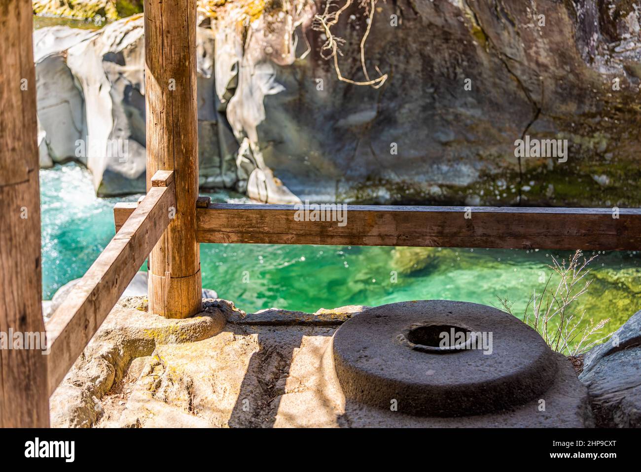Daiya river beautiful green flowing water with closeup of rock stone ...