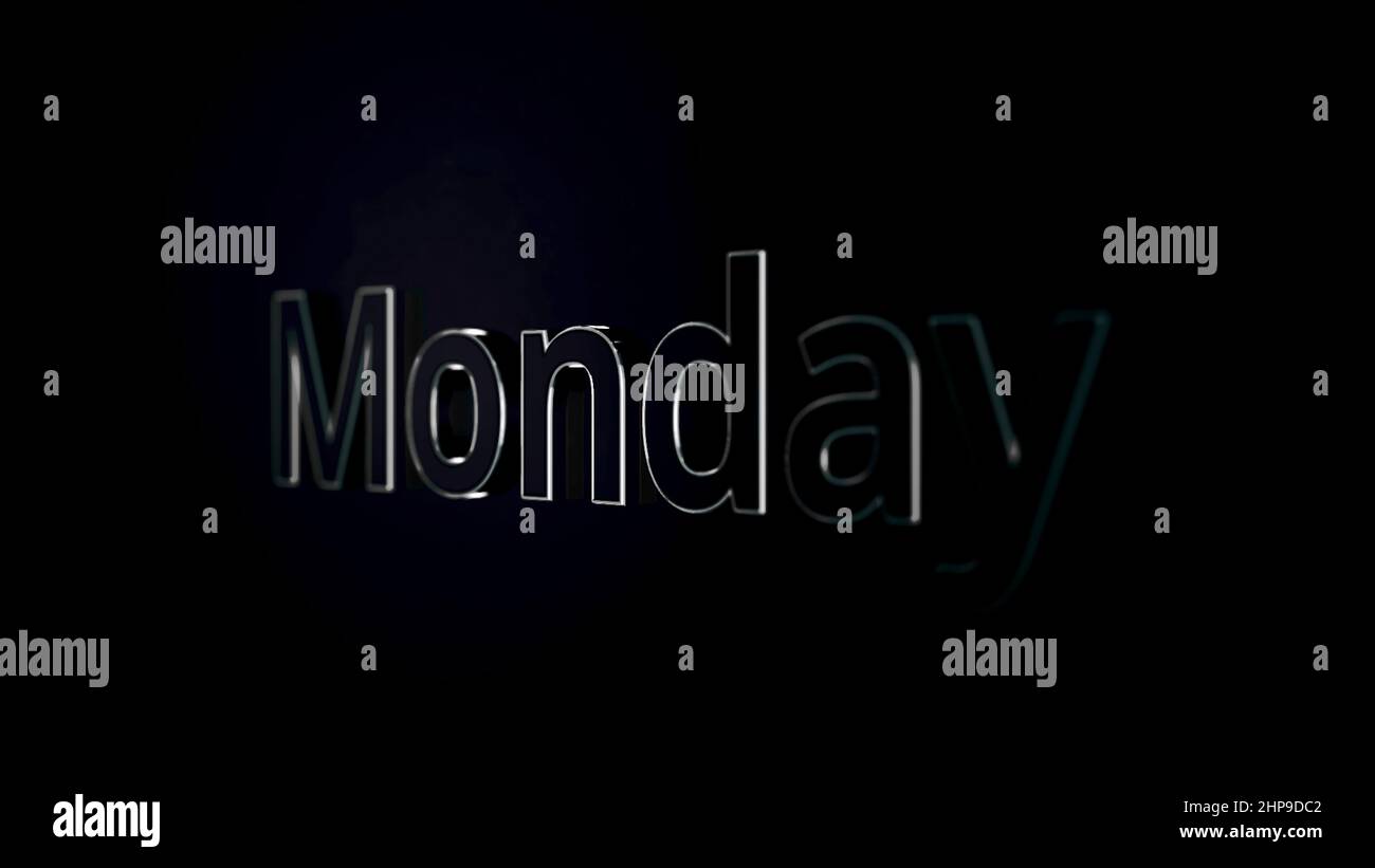Monday text word gliding on black, glossy background, 3D animation ...