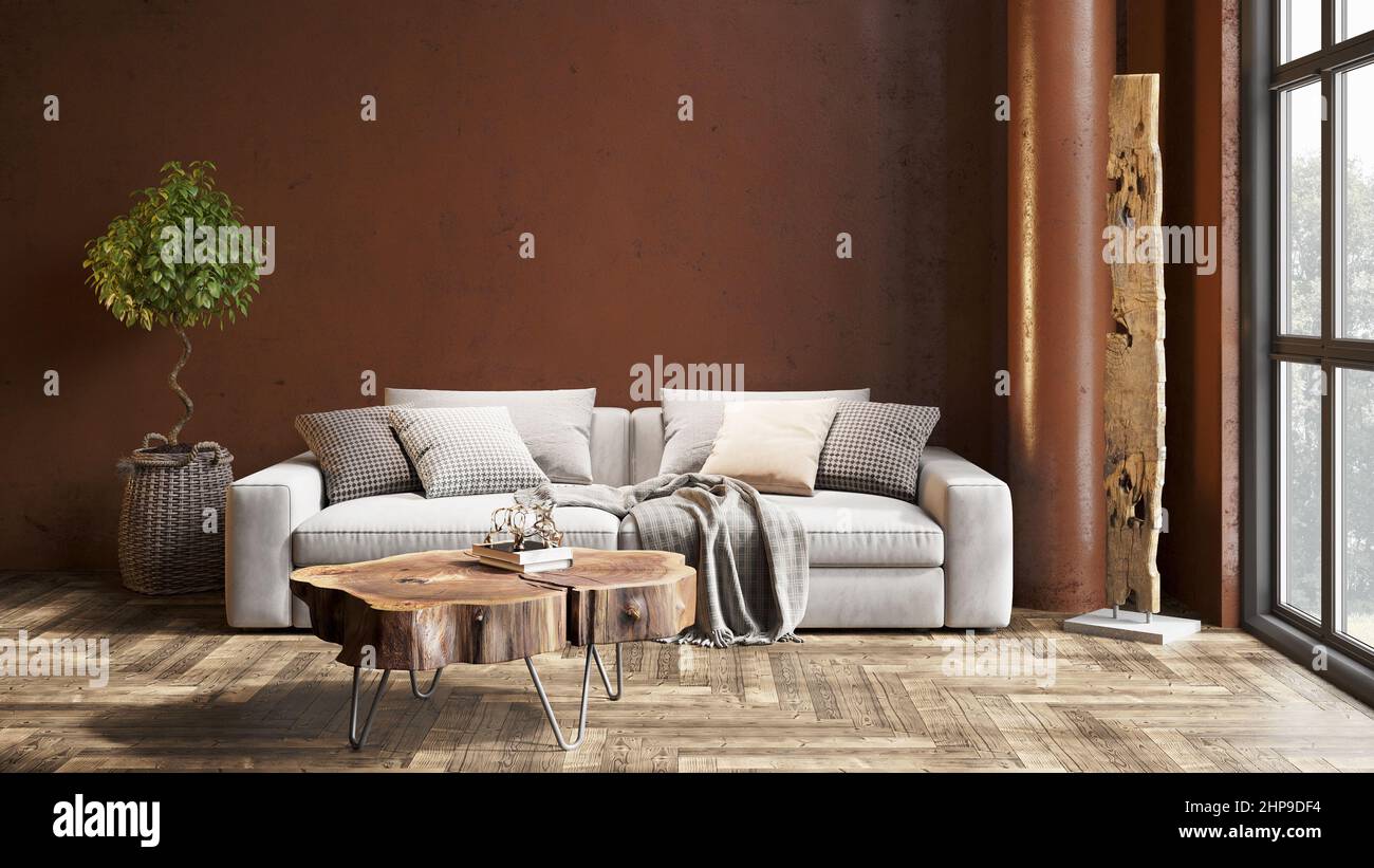 Modern beautiful interior with columns, colored wall and stylish furniture. Bright loft design ...